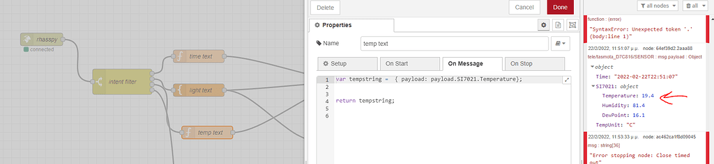 Programming function node on Node-red to tell me the Temperature with ...